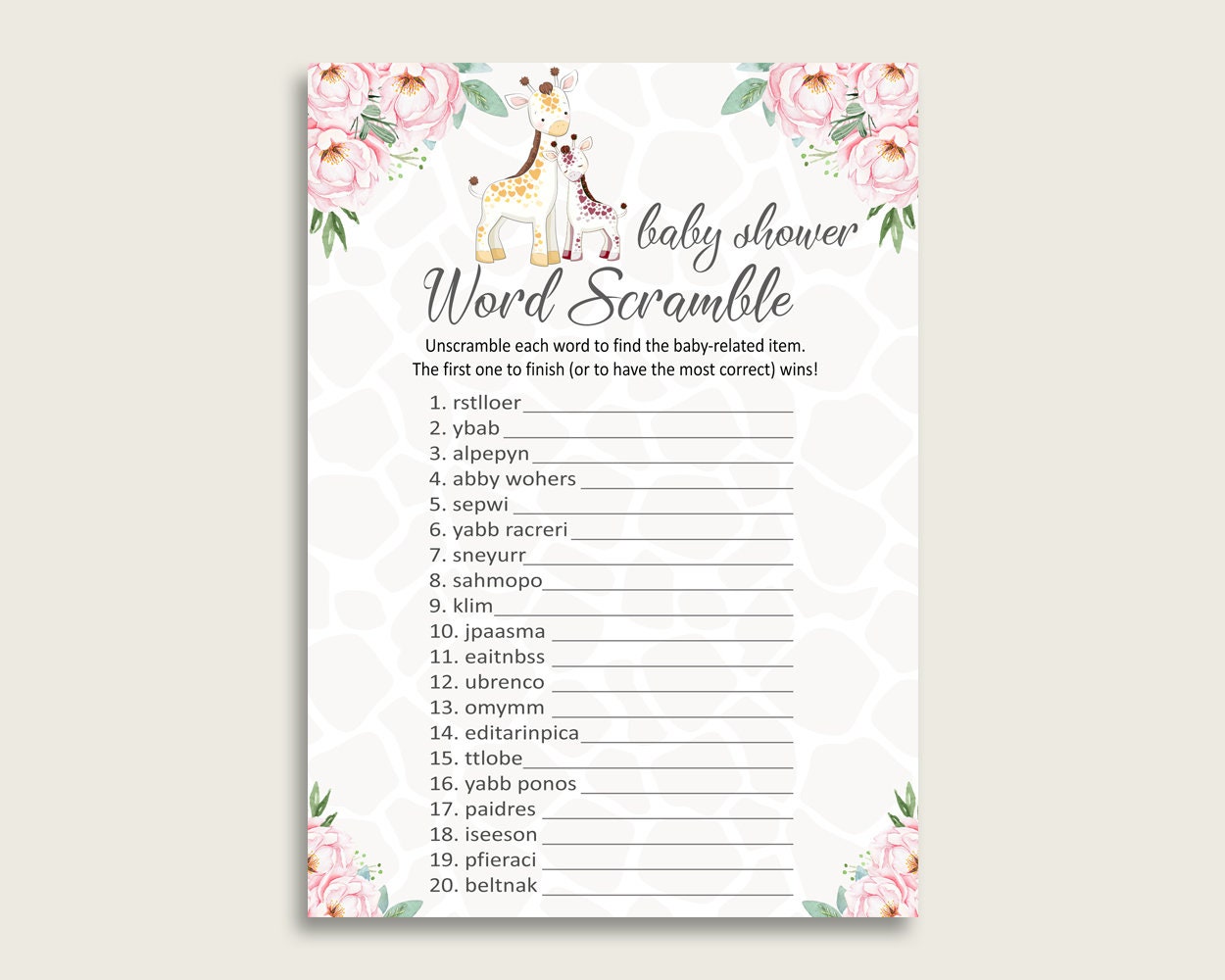 Girl Baby Shower Word Scramble Game Printable, Cute Giraffe Pink Yellow ...