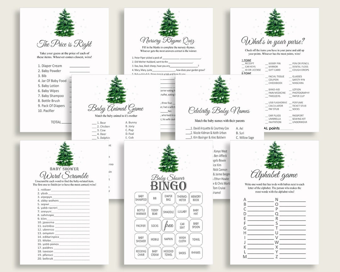 Winter Tree Baby Shower Games Printable Pack, Green White Baby Shower ...