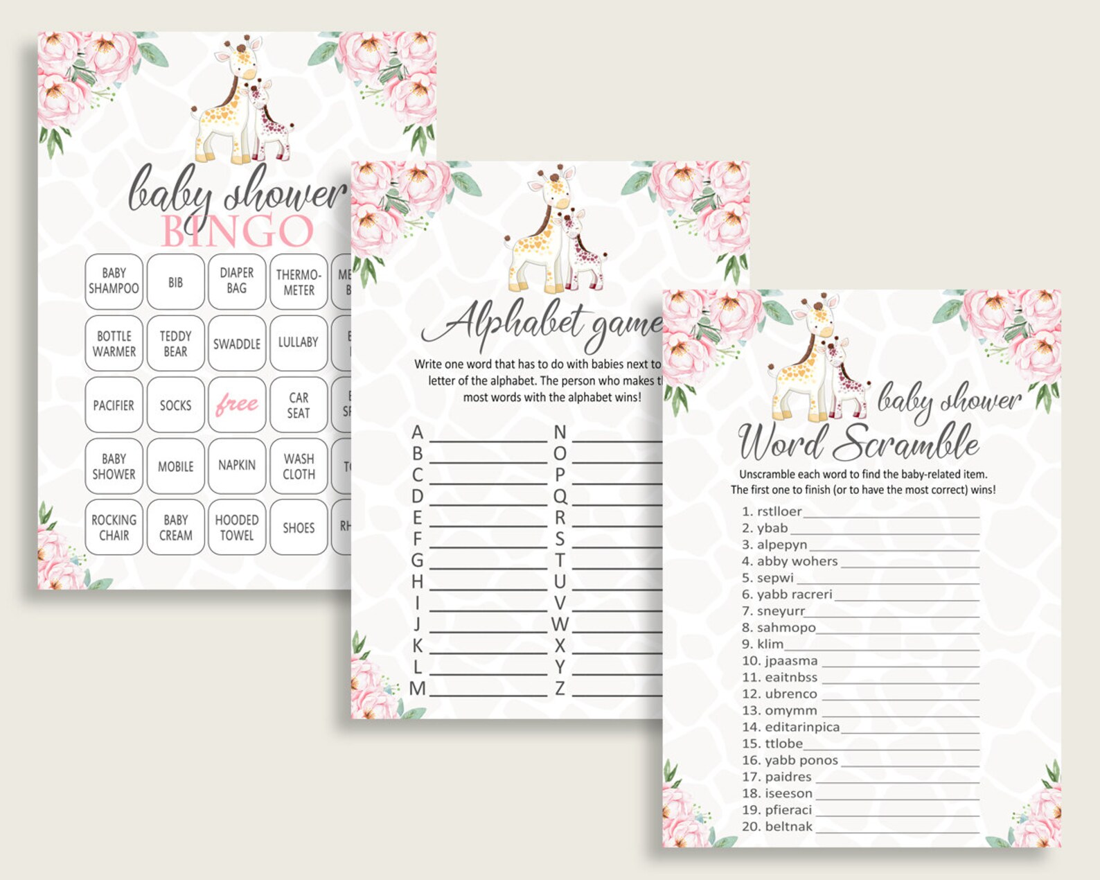 Giraffe Baby Shower Games Printable Pack Pink Yellow Baby - Etsy