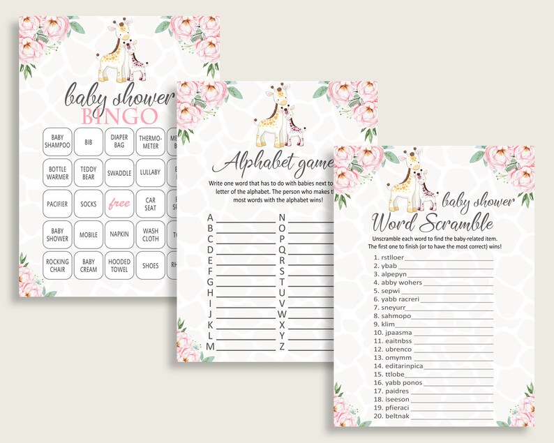 Giraffe Baby Shower Games Printable Pack, Pink Yellow Baby Shower Games ...