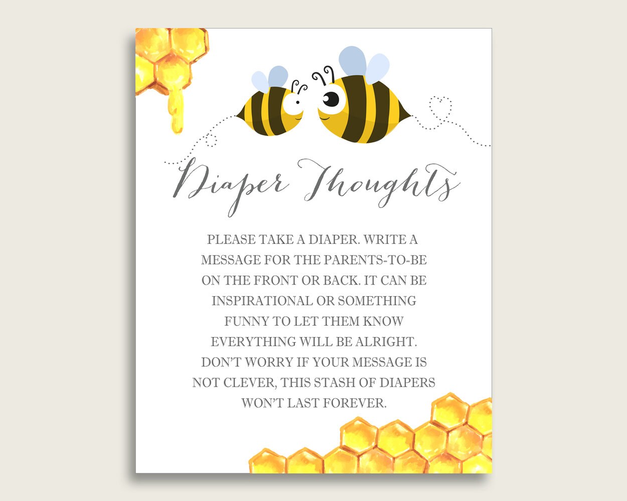 Bee Baby Shower Diaper Thoughts Printable, Gender Neutral Yellow White ...