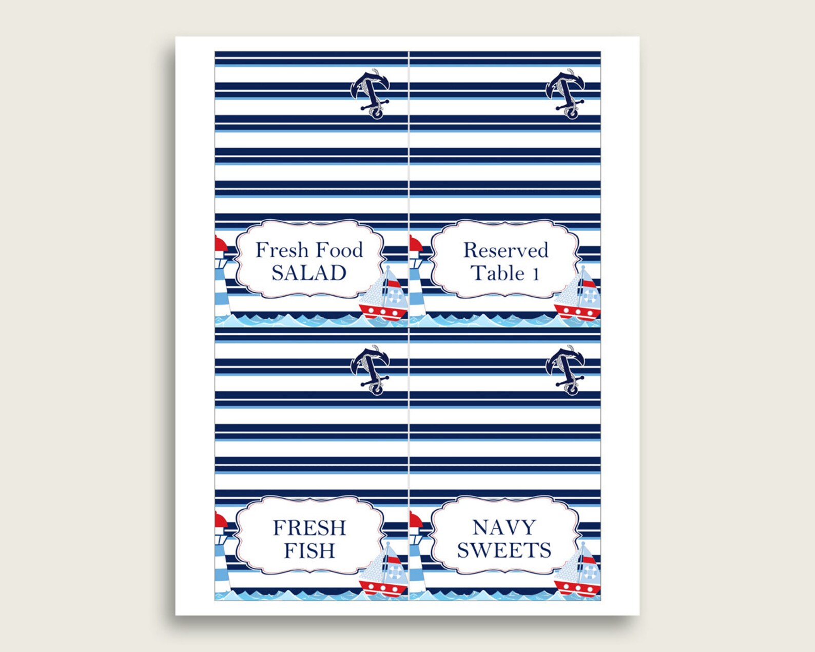 Nautical Folded Food Tent Cards Printable, Blue Red Editable Pdf Buffet ...