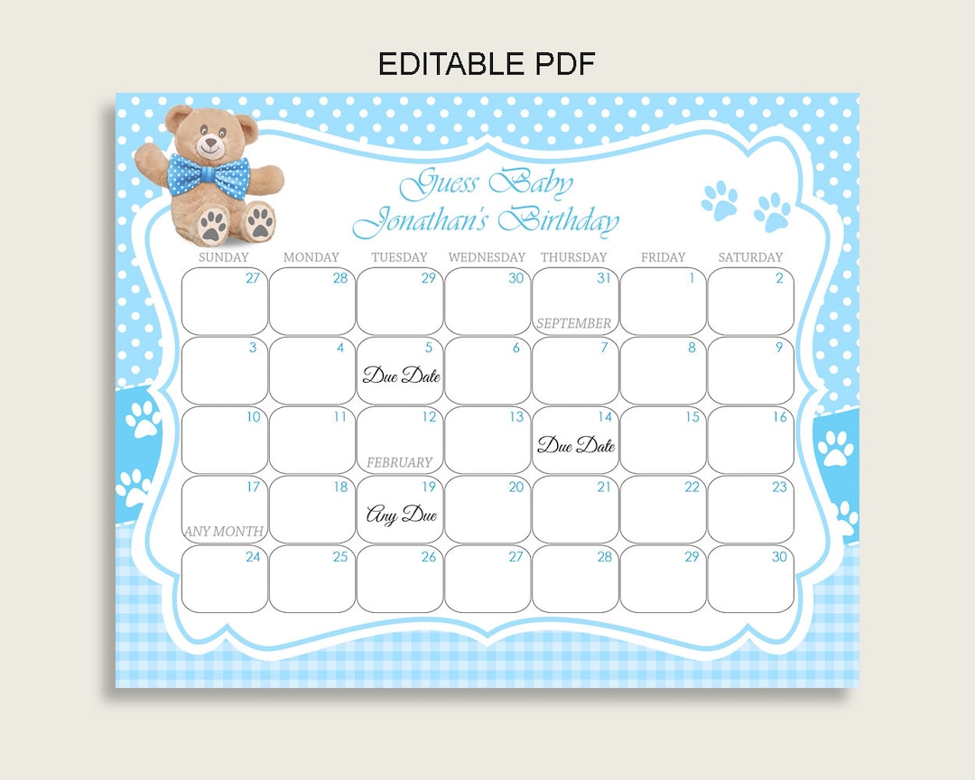 Blue Brown Guess Baby Due Date Calendar Game Printable, Teddy Bear Baby ...