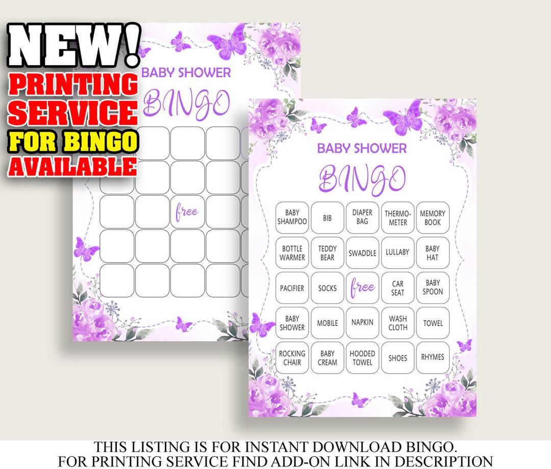 Butterfly Baby Shower Bingo Cards Printable, Purple White Baby Shower ...