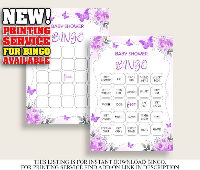 Butterfly Baby Shower Bingo Cards Printable, Purple White Baby Shower ...