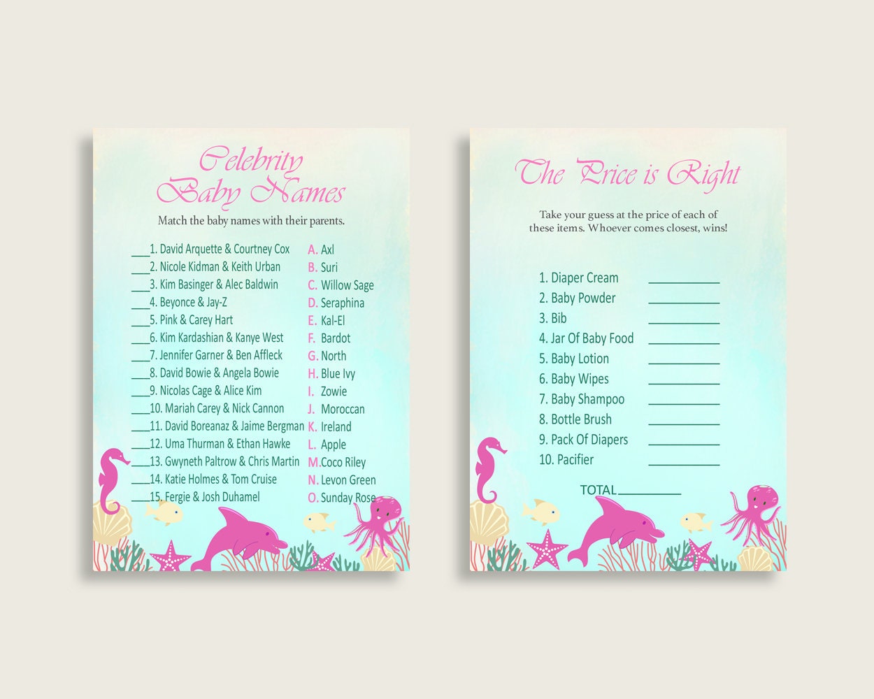 Under the Sea Baby Shower Games Printable Pack Pink Green - Etsy