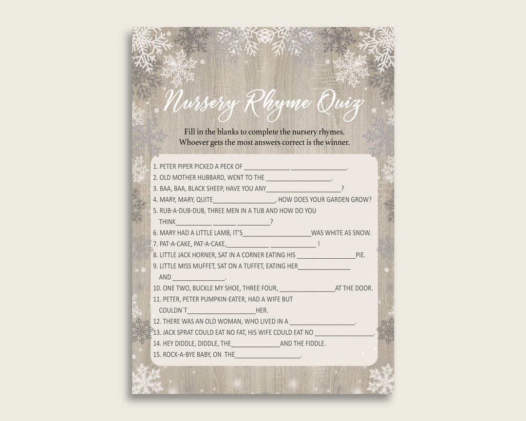 Snowflake Rustic Nursery Rhyme Quiz Printable, White Beige Nursery ...