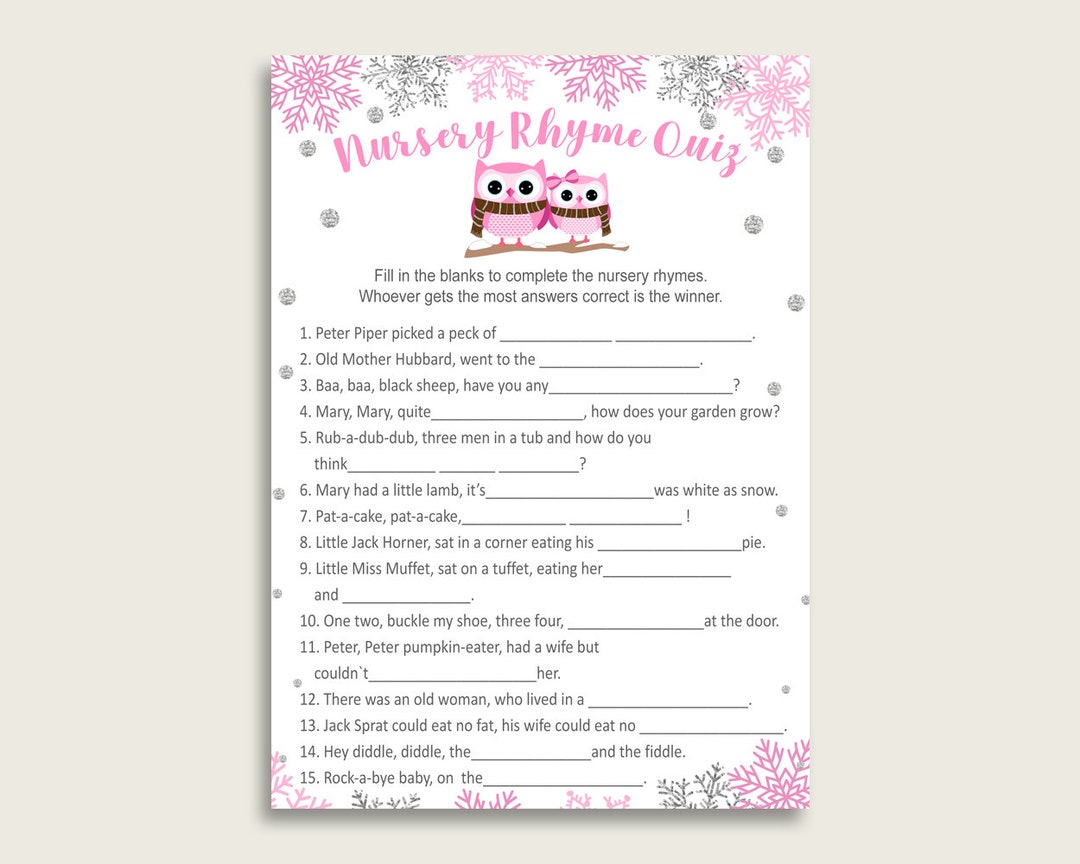 Winter Owl Nursery Rhyme Quiz Printable, Pink Gray Nursery Rhyme Game ...