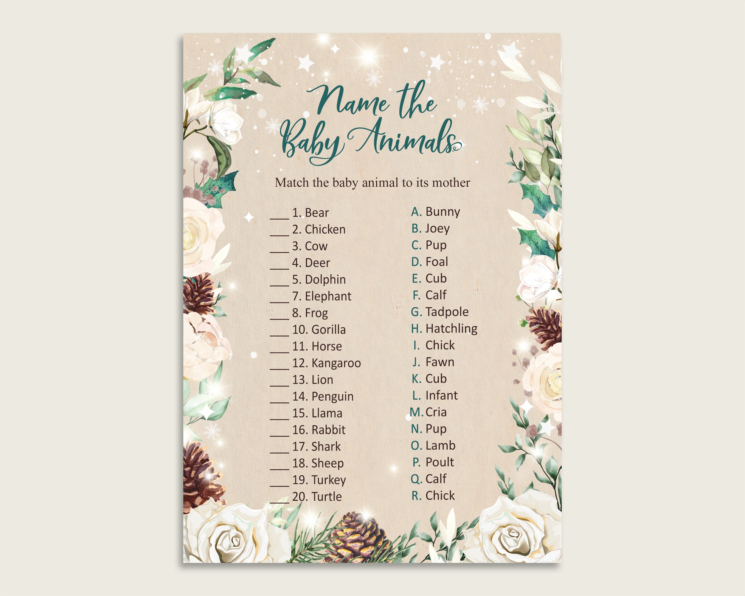 Name the Baby Animals Game Printable, Beige Baby Shower Animal Game ...