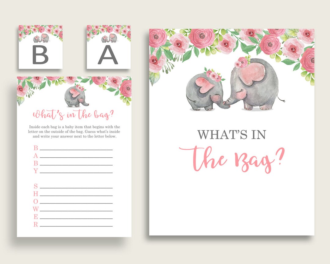 Pink Elephant Baby Shower What's in the Bag Game, Pink Grey Girl Bag ...