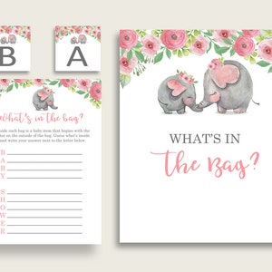 Pink Elephant Baby Shower What's in the Bag Game, Pink Grey Girl Bag ...