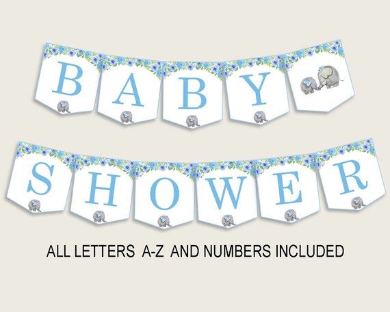 Elephant Blue Baby Shower Banner All Letters, Birthday Party Banner ...