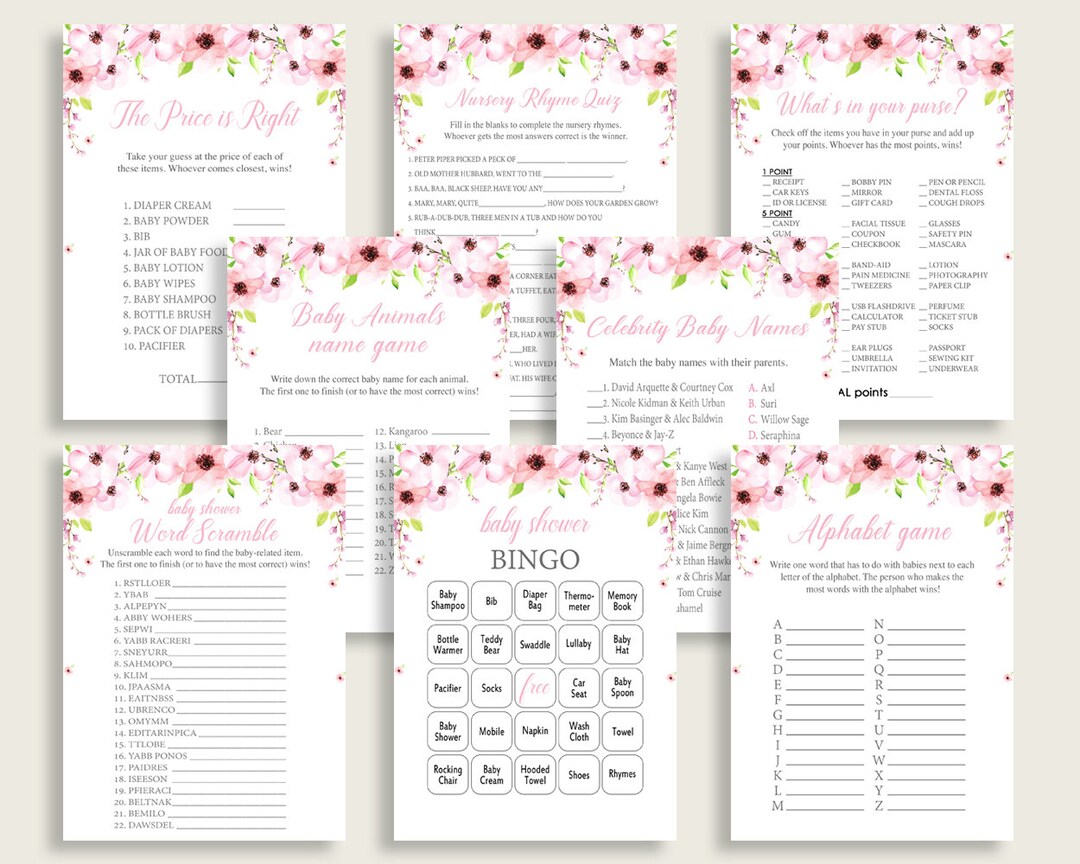 Flower Blush Baby Shower Games Printable Pack, Pink Green Baby Shower ...