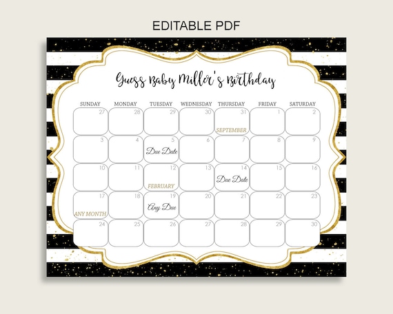 Black Gold Guess Baby Due Date Calendar Game Printable, Stripes Baby ...