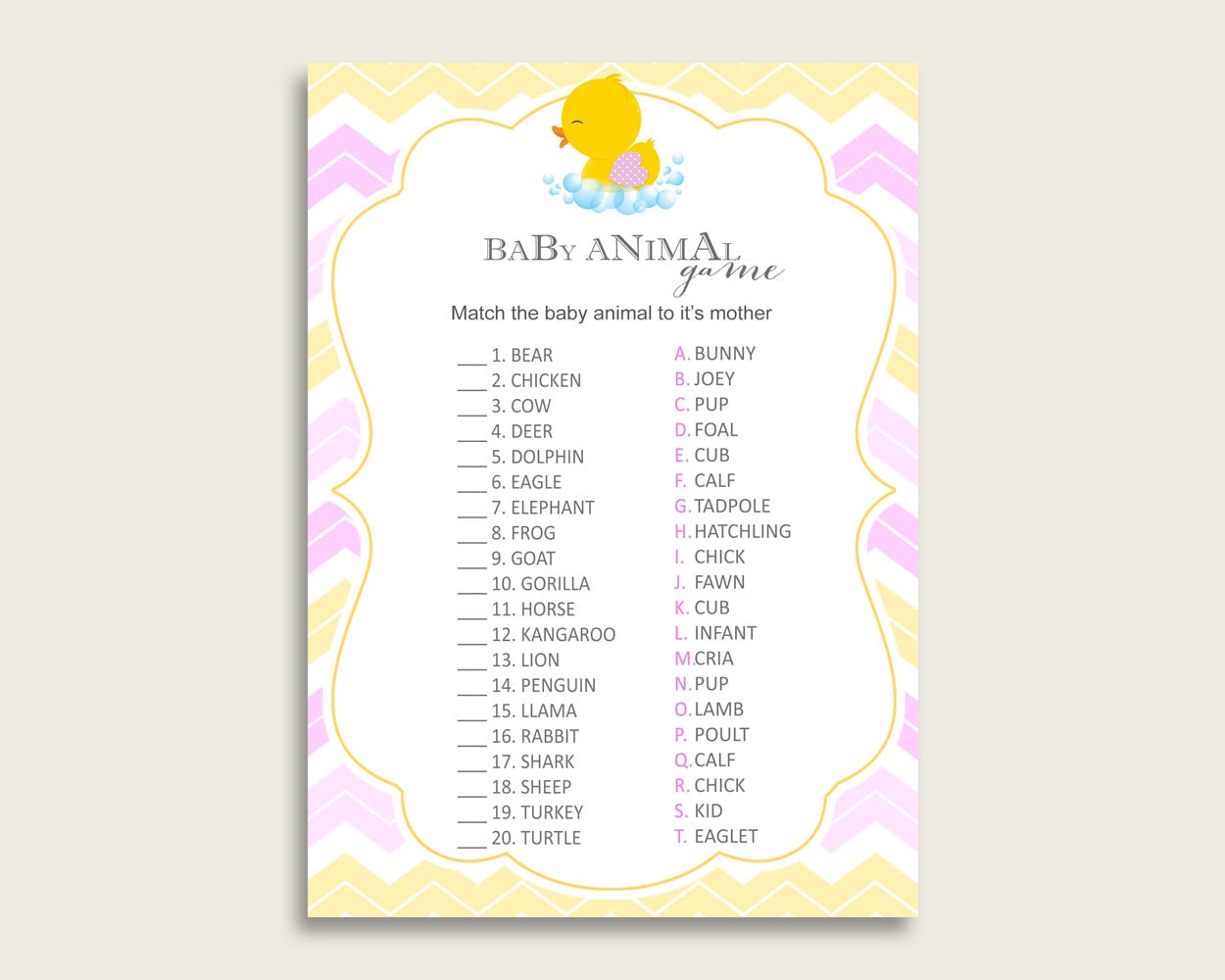 Rubber Ducky Name the Baby Animals Game Printable, Yellow Pink Baby ...