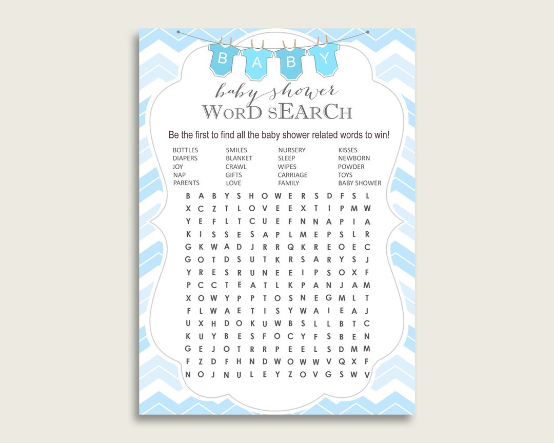 Chevron Word Search Game, Blue White Baby Shower Word Search Cards ...