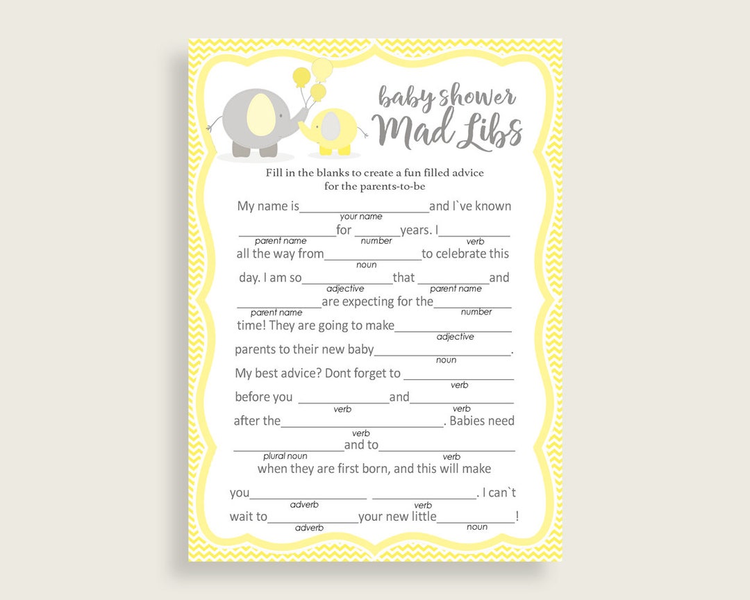 Mad Libs Baby Shower Mad Libs Yellow Baby Shower Mad Libs Baby Shower ...