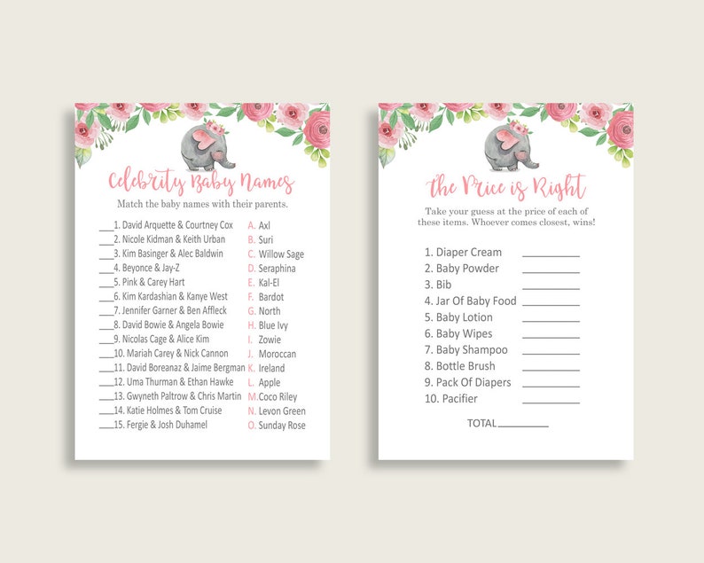 Pink Elephant Baby Shower Games Printable Pack Pink Grey Baby | Etsy