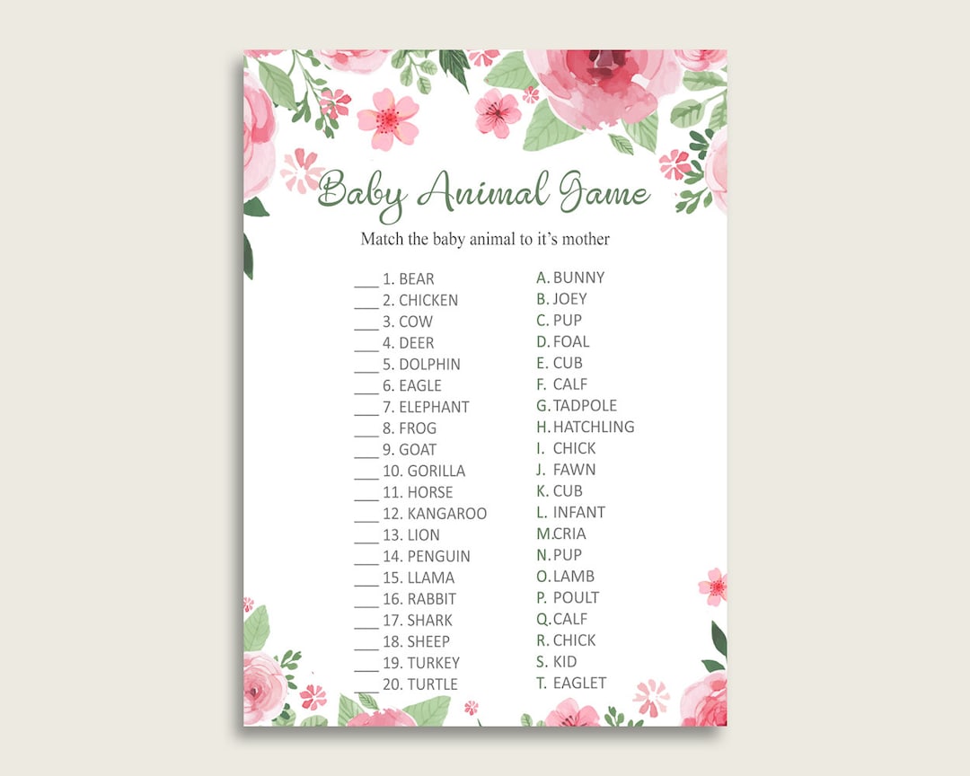 Watercolor Flowers Name the Baby Animals Game Printable, Pink Green ...