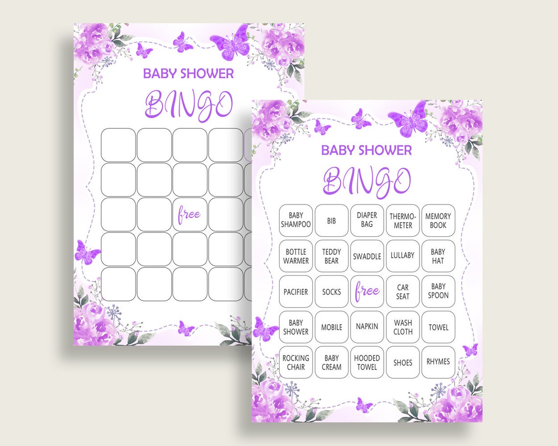 Butterfly Baby Shower Bingo Cards Printable, Purple White Baby Shower ...