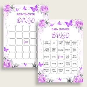 Butterfly Baby Shower Bingo Cards Printable, Purple White Baby Shower ...