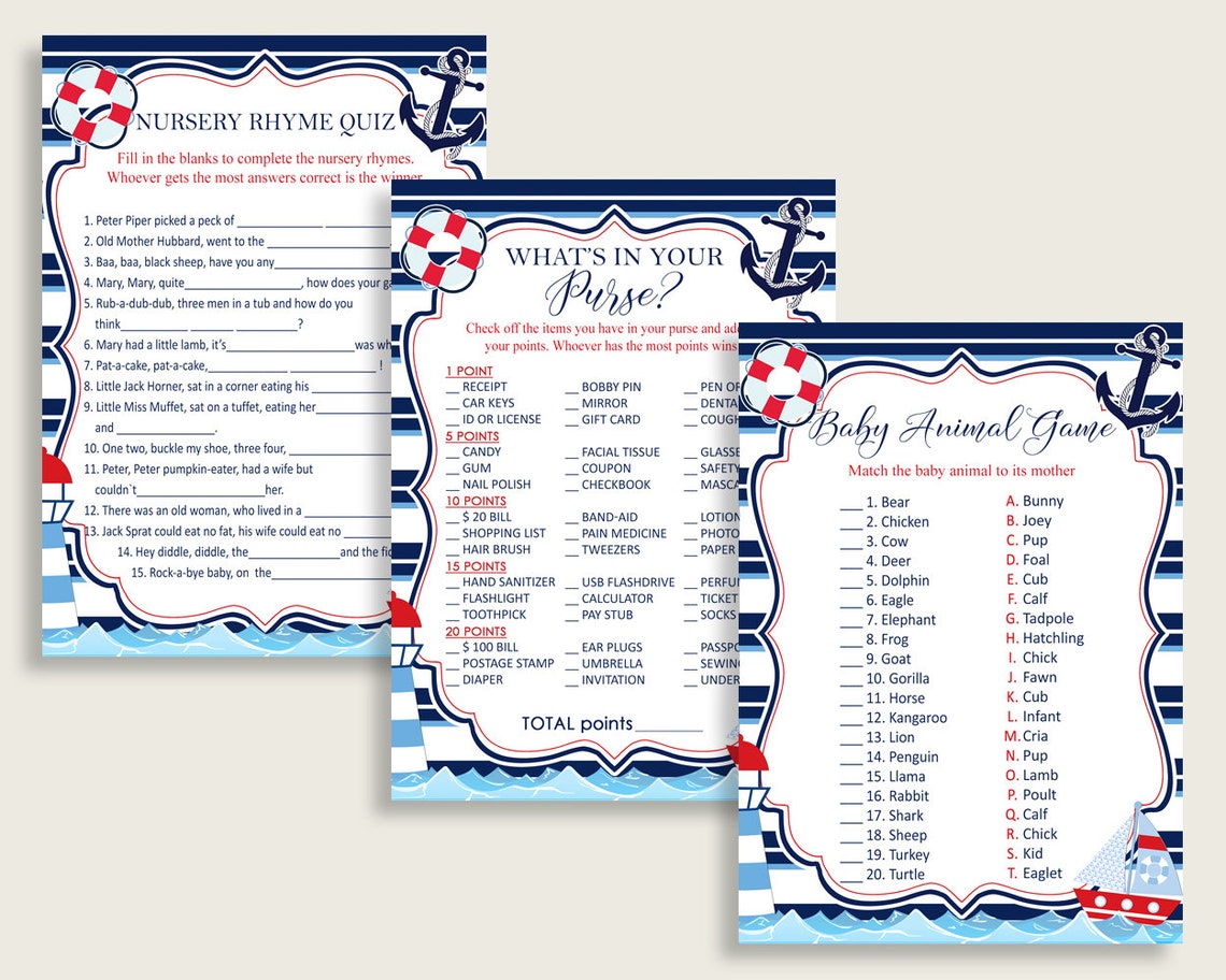 Nautical Baby Shower Games Printable Pack Blue Red Baby | Etsy