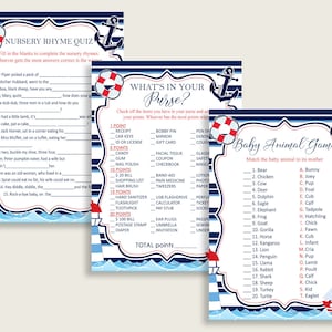 Nautical Baby Shower Games Printable Pack, Blue Red Baby Shower Games ...