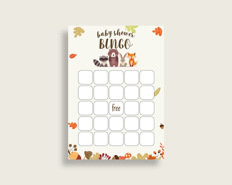 Woodland Baby Shower Bingo Cards Printable, Brown Beige Baby Shower ...