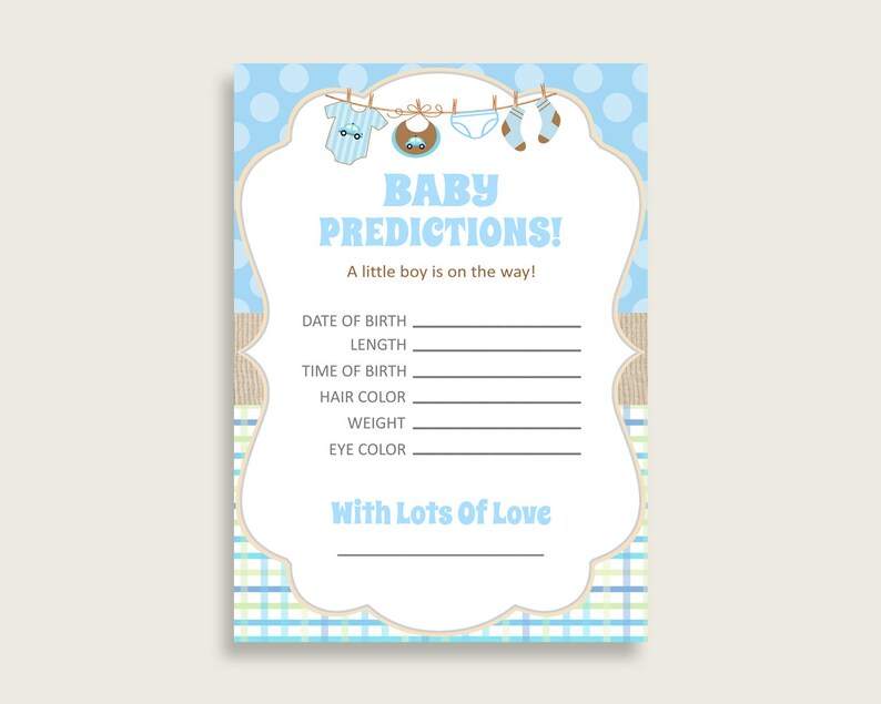 Clothes Baby Shower Prediction Cards & Sign Printable, Blue Beige Baby ...