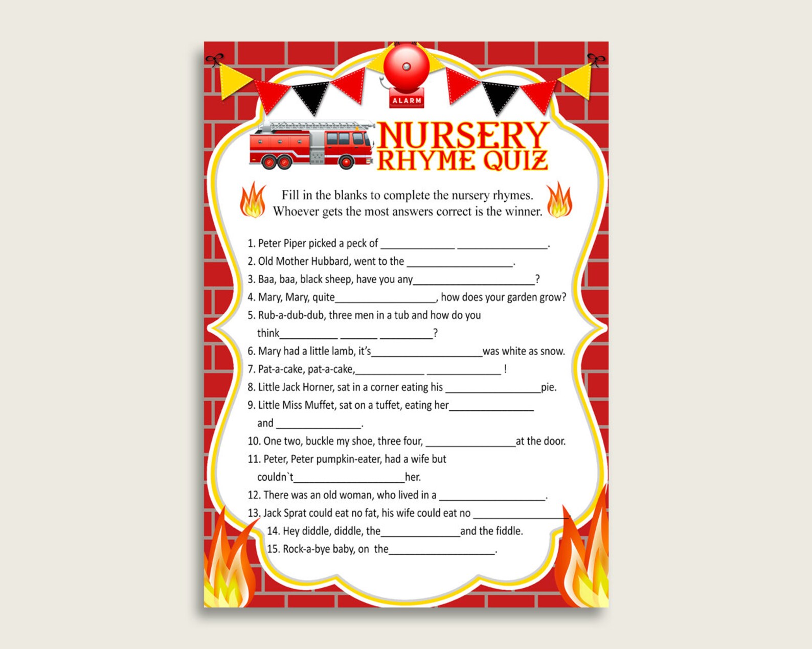 Firetruck Nursery Rhyme Quiz Printable Red Yellow Nursery | Etsy