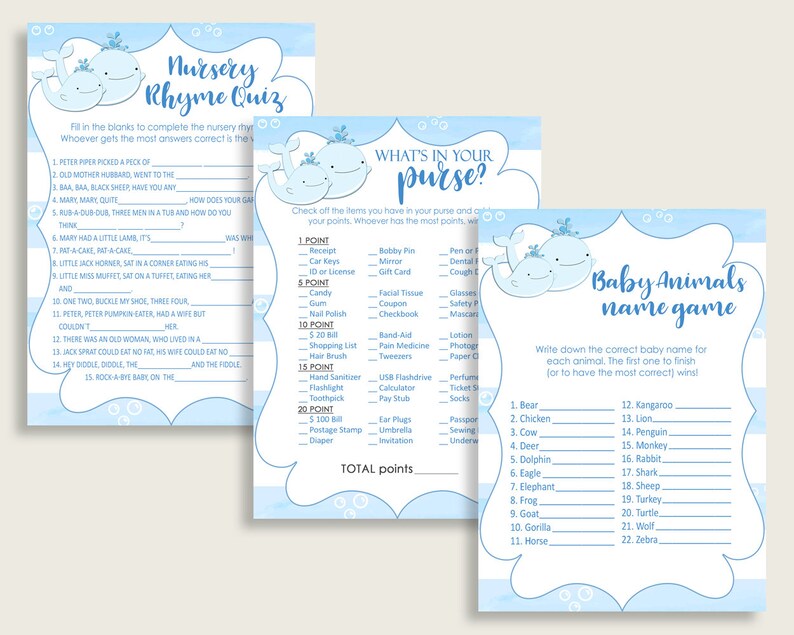Whale Baby Shower Games Printable Pack, Blue White Baby Shower Games ...