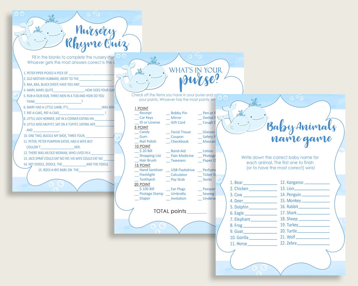 Whale Baby Shower Games Printable Pack Blue White Baby Shower - Etsy