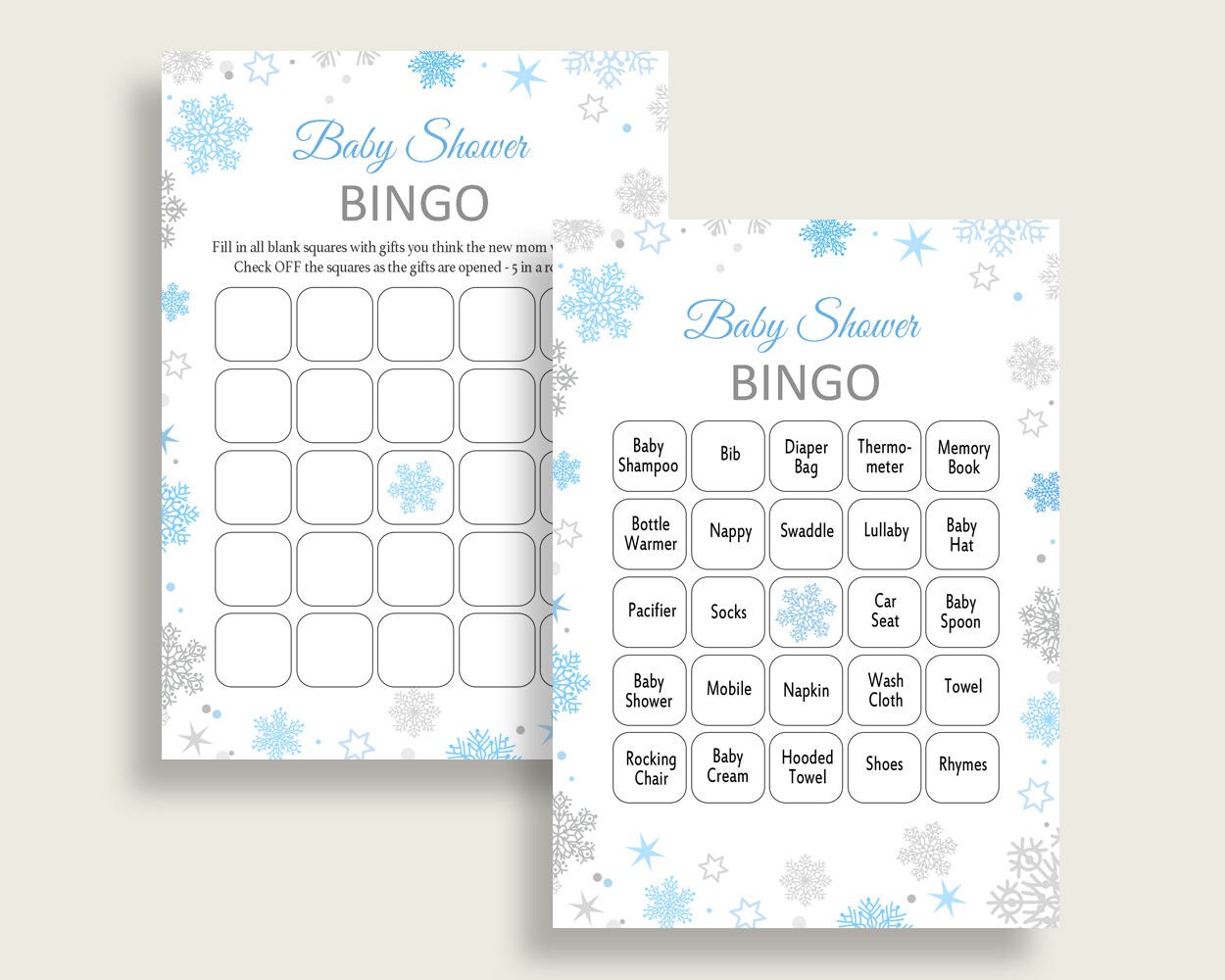 Bingo Baby Shower Bingo Snowflake Baby Shower Bingo Blue Gray Baby ...