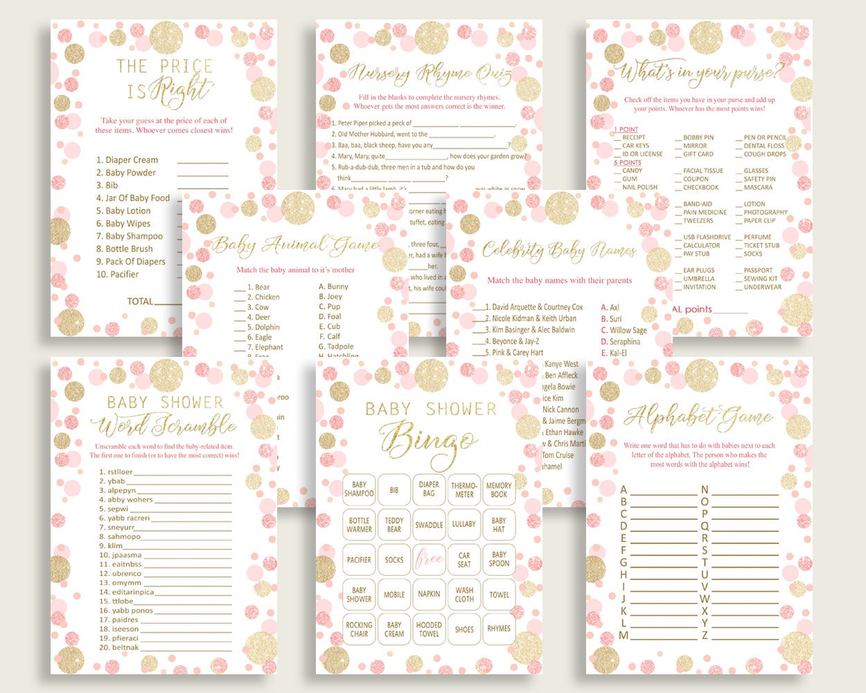 Dots Baby Shower Games Printable Pack Pink Gold Baby Shower | Etsy