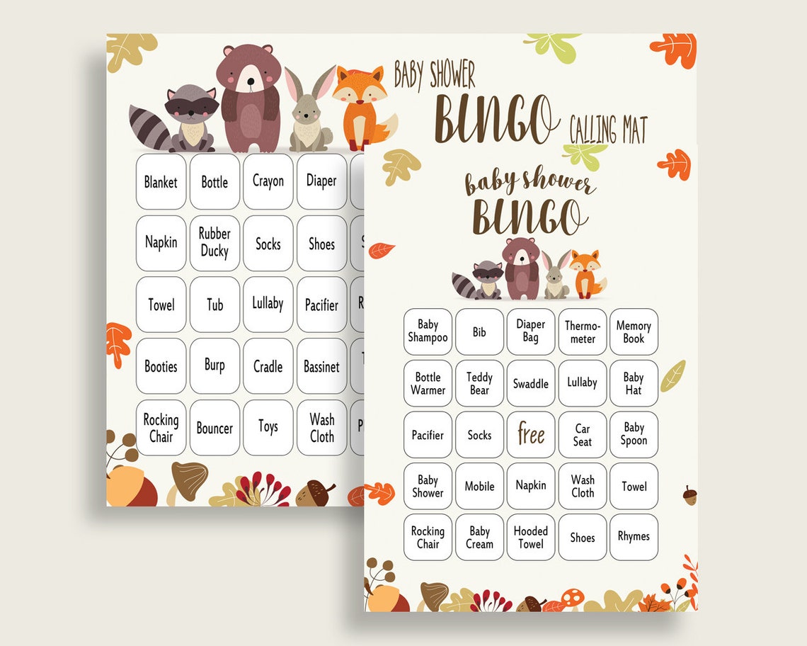 Woodland Baby Shower Bingo Cards Printable, Brown Beige Baby Shower ...