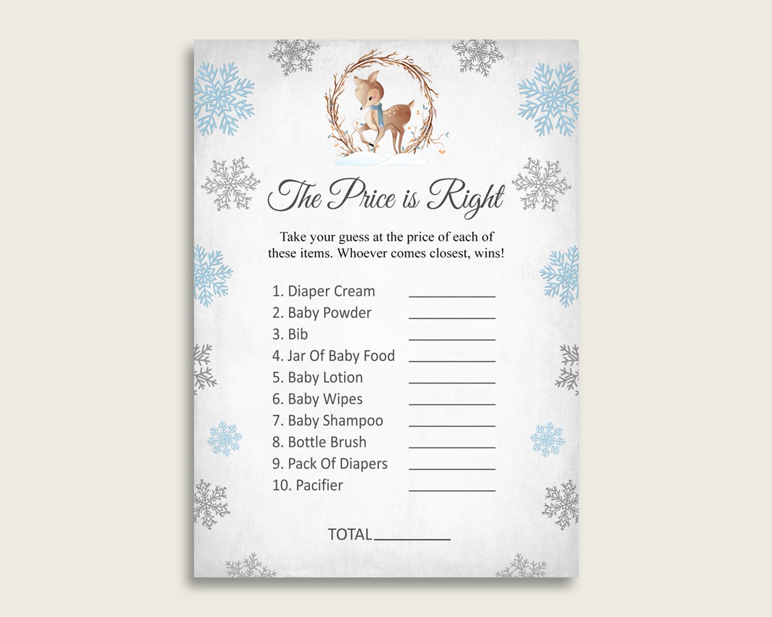 Gray Blue the Price is Right Game Winter Deer Baby Shower Boy - Etsy