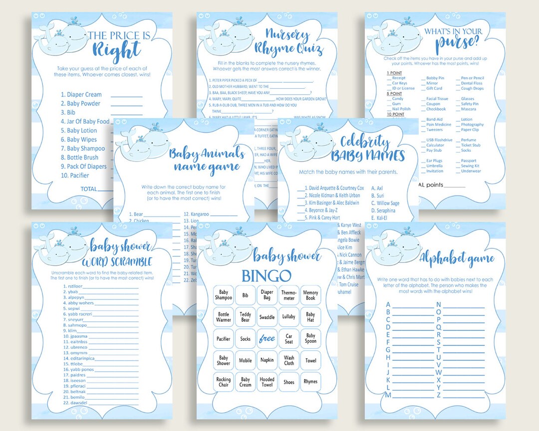 Whale Baby Shower Games Printable Pack, Blue White Baby Shower Games ...