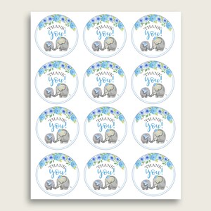 Elephant Blue Baby Shower Round Thank You Tags 2 Inch Printable, Blue ...