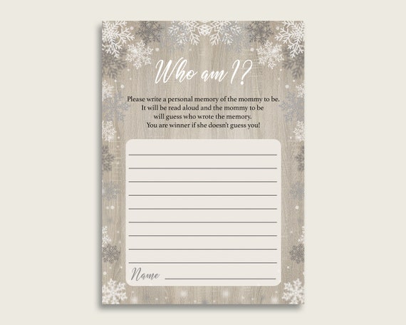 Snowflake Rustic Who Am I Game Printable, Gender Neutral Baby Shower ...