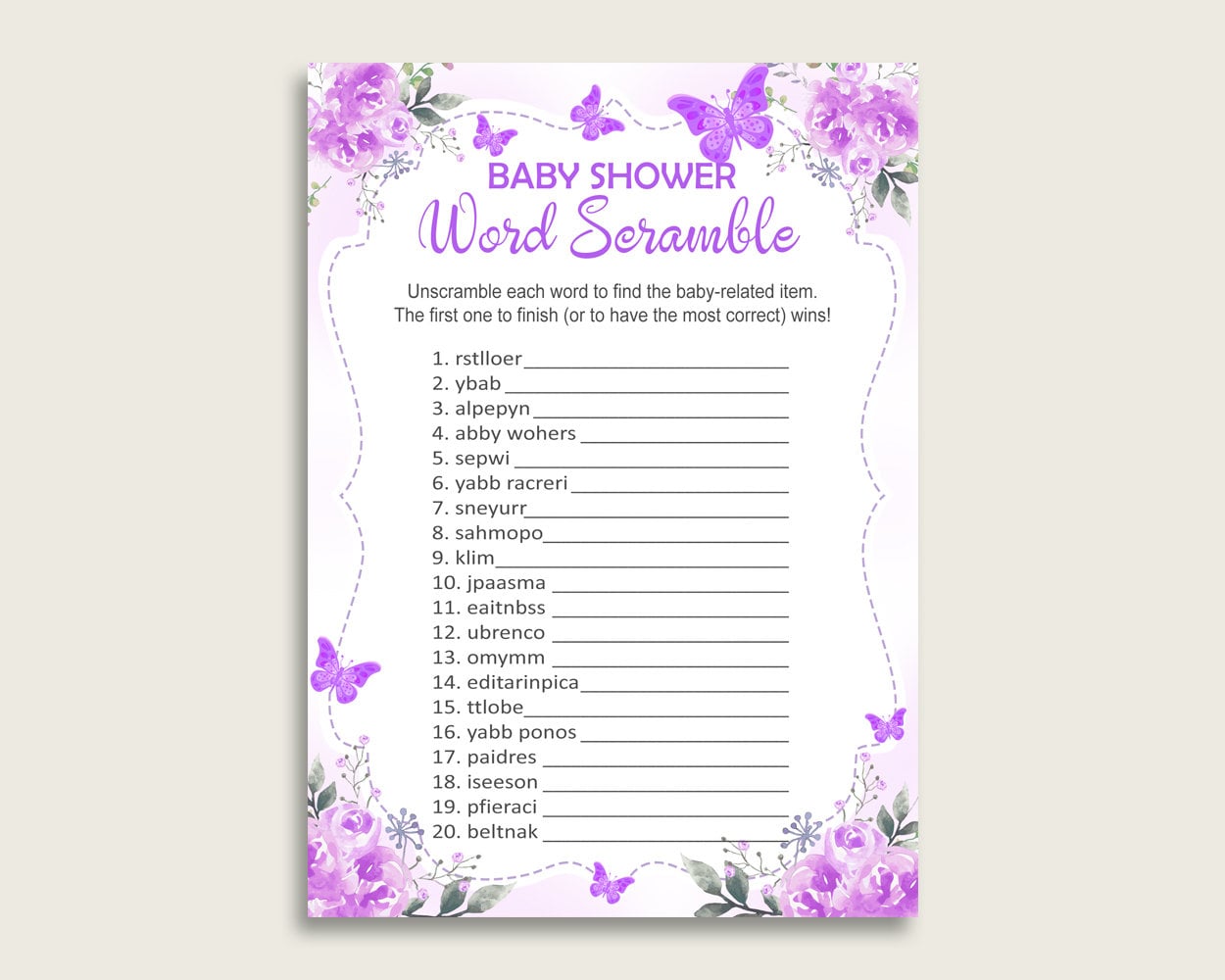 Girl Baby Shower Word Scramble Game Printable, Cute Butterfly Purple ...
