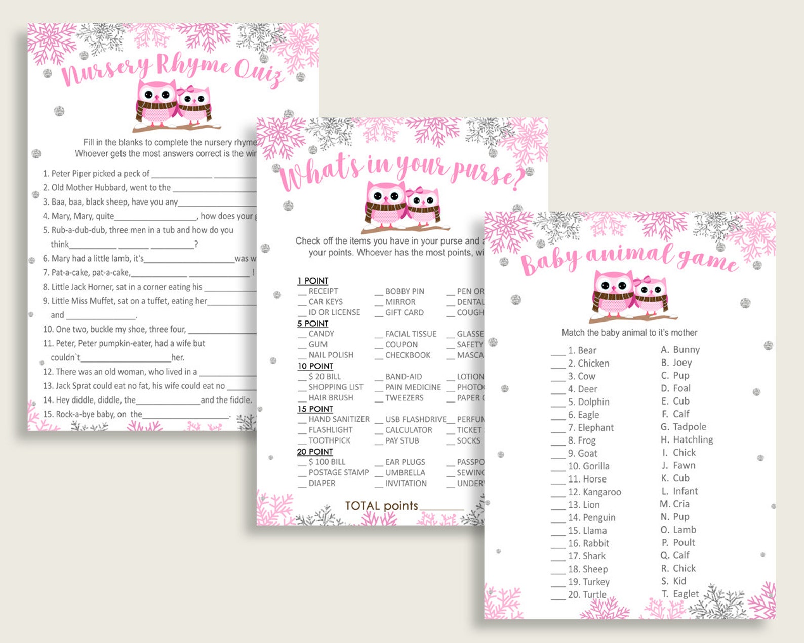 Winter Owl Baby Shower Games Printable Pack Pink Gray Baby | Etsy