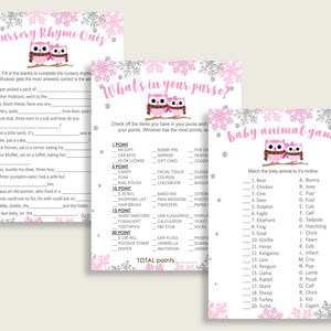 Winter Owl Baby Shower Games Printable Pack, Pink Gray Baby Shower ...