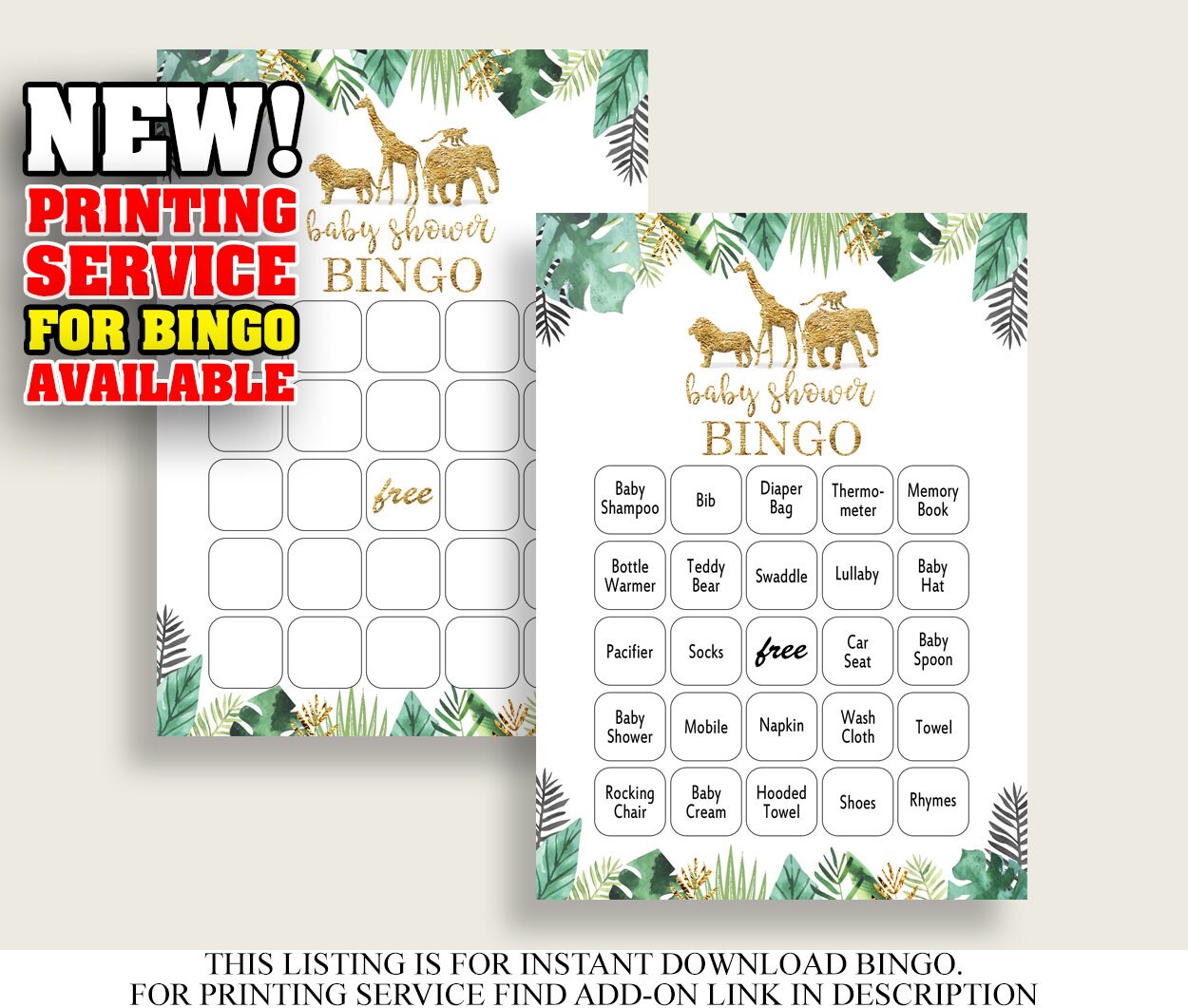 Jungle Baby Shower Bingo Cards Printable or Printed, Gold Green Baby ...