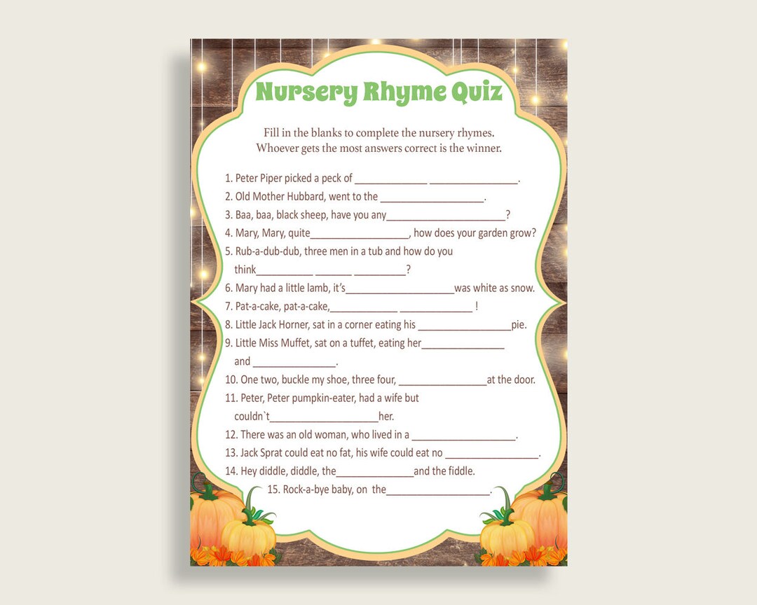 Autumn Nursery Rhyme Quiz Printable, Brown Orange Nursery Rhyme Game ...