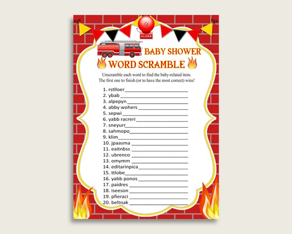 Boy Baby Shower Word Scramble Game Printable Cute Firetruck | Etsy
