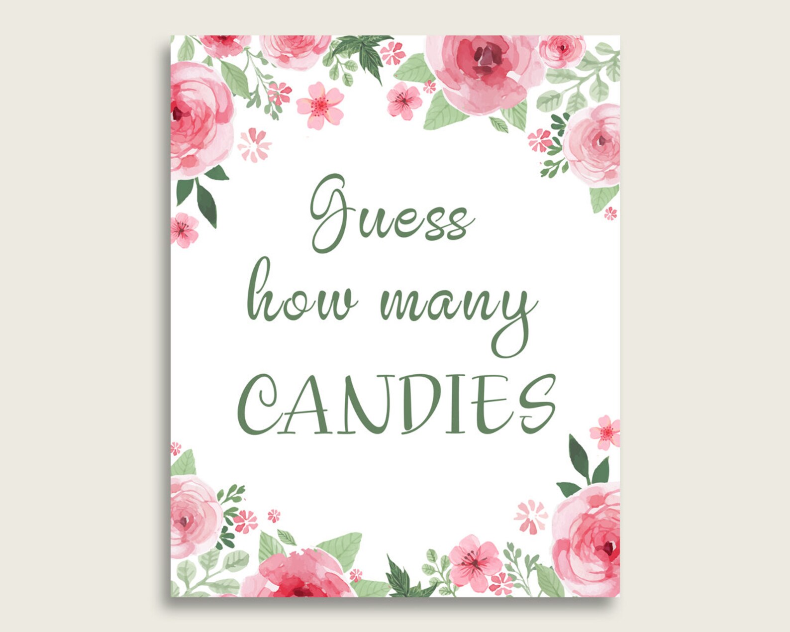 Pink Green Candy Guessing Game, Watercolor Flowers Baby Shower Girl ...