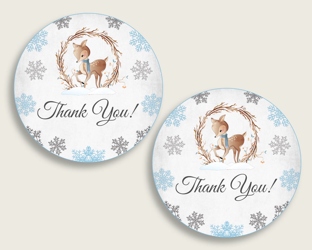 Winter Deer Baby Shower Round Thank You Tags 2 Inch Printable, Gray ...