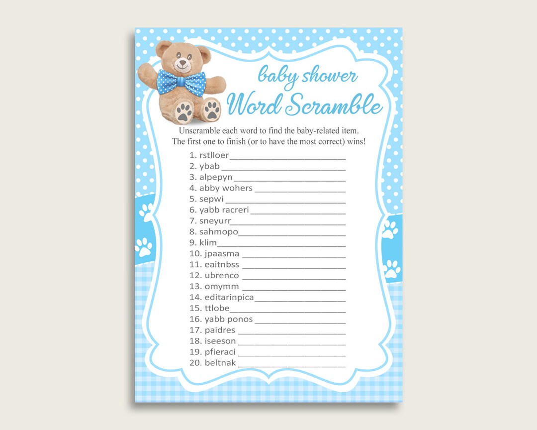 Boy Baby Shower Word Scramble Game Printable, Cute Teddy Bear Blue Brown Word Scramble, Funny ...
