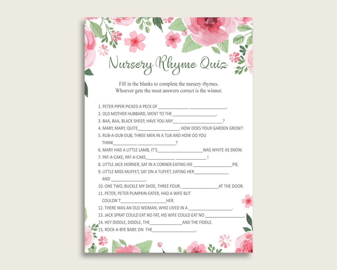 Watercolor Flowers Nursery Rhyme Quiz Printable, Pink Green Nursery ...