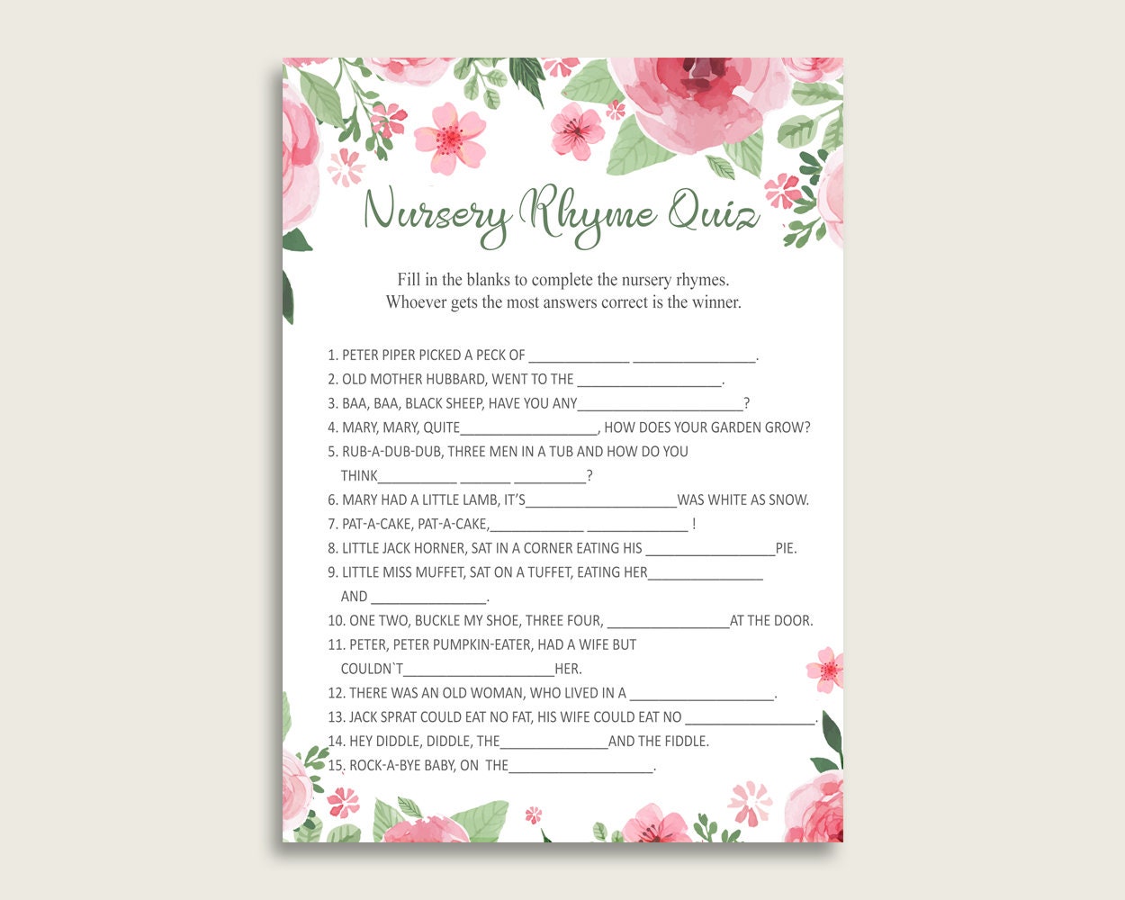 Party Supplies Paper & Party Supplies Watercolor Flowers Nursery Rhyme ...